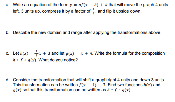 Solved a. Write an equation of the form y = af (x – h) + k | Chegg.com