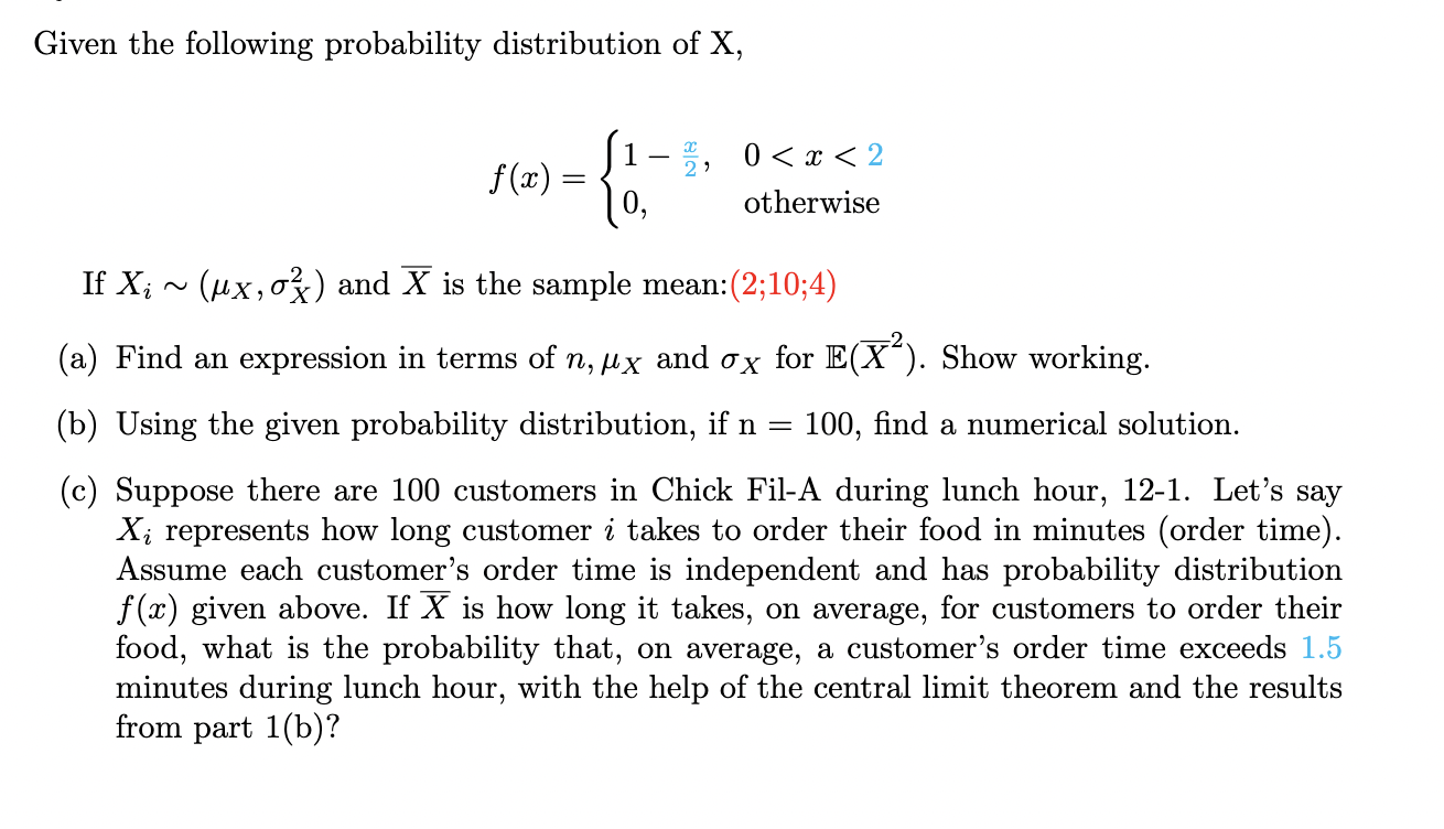 Solved Given the following probability distribution of X, | Chegg.com