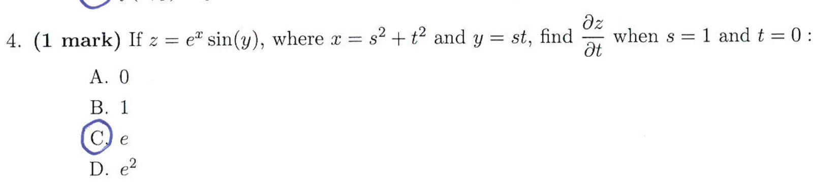 Solved (1 ﻿mark) ﻿If z=exsin(y), ﻿where x=s2+t2 ﻿and y=st, | Chegg.com