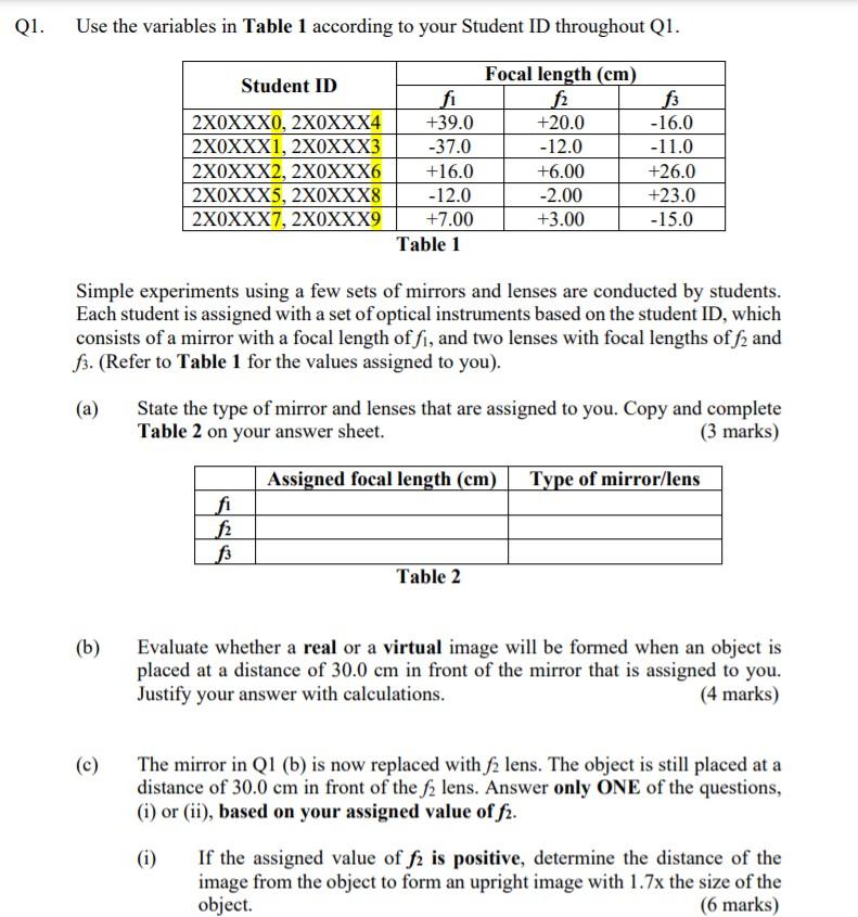 Solved Q1. Use the variables in Table 1 according to your | Chegg.com