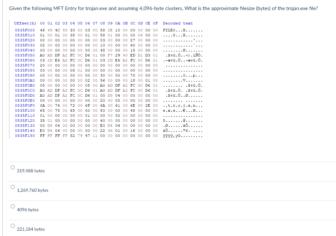 Solved Given the following MFT Entry for trojan.exe and | Chegg.com