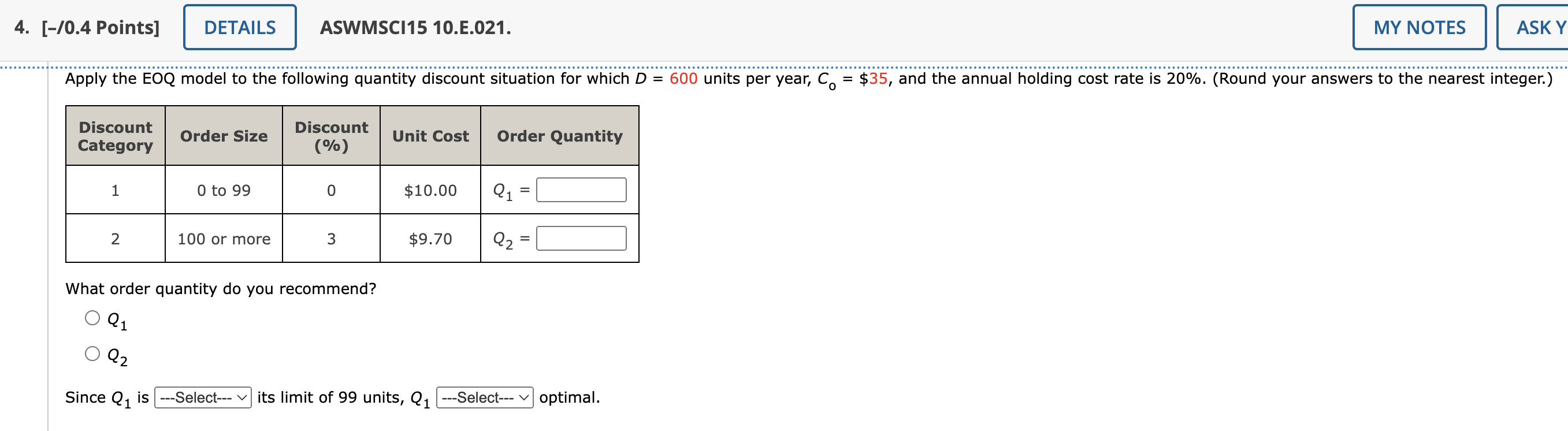 Solved /0.4 Points] ASWMSCI15 10.E.021. Apply the EOQ model | Chegg.com