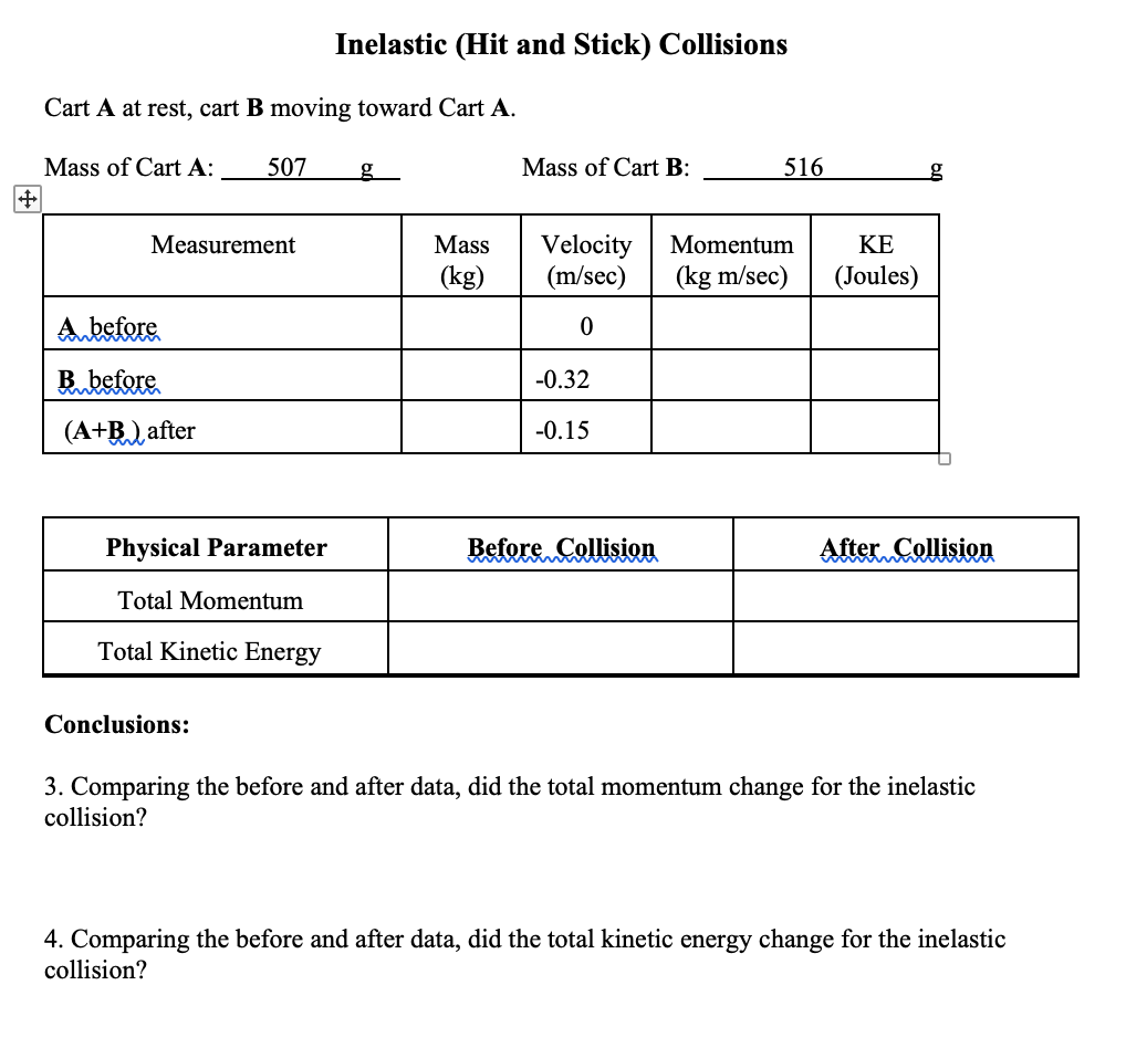 Solved Inelastic (Hit and Stick) Collisions Cart A at rest, | Chegg.com
