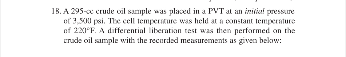 Solved by an EXPERT 18. ﻿A 295 -cc crude oil sample was placed in a PVT ...