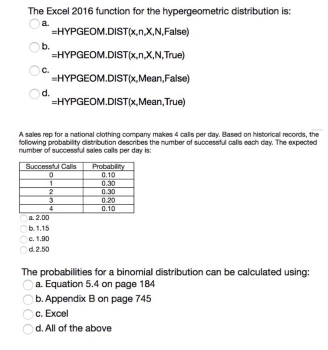 Solved The Excel 2016 function for the hypergeometric | Chegg.com