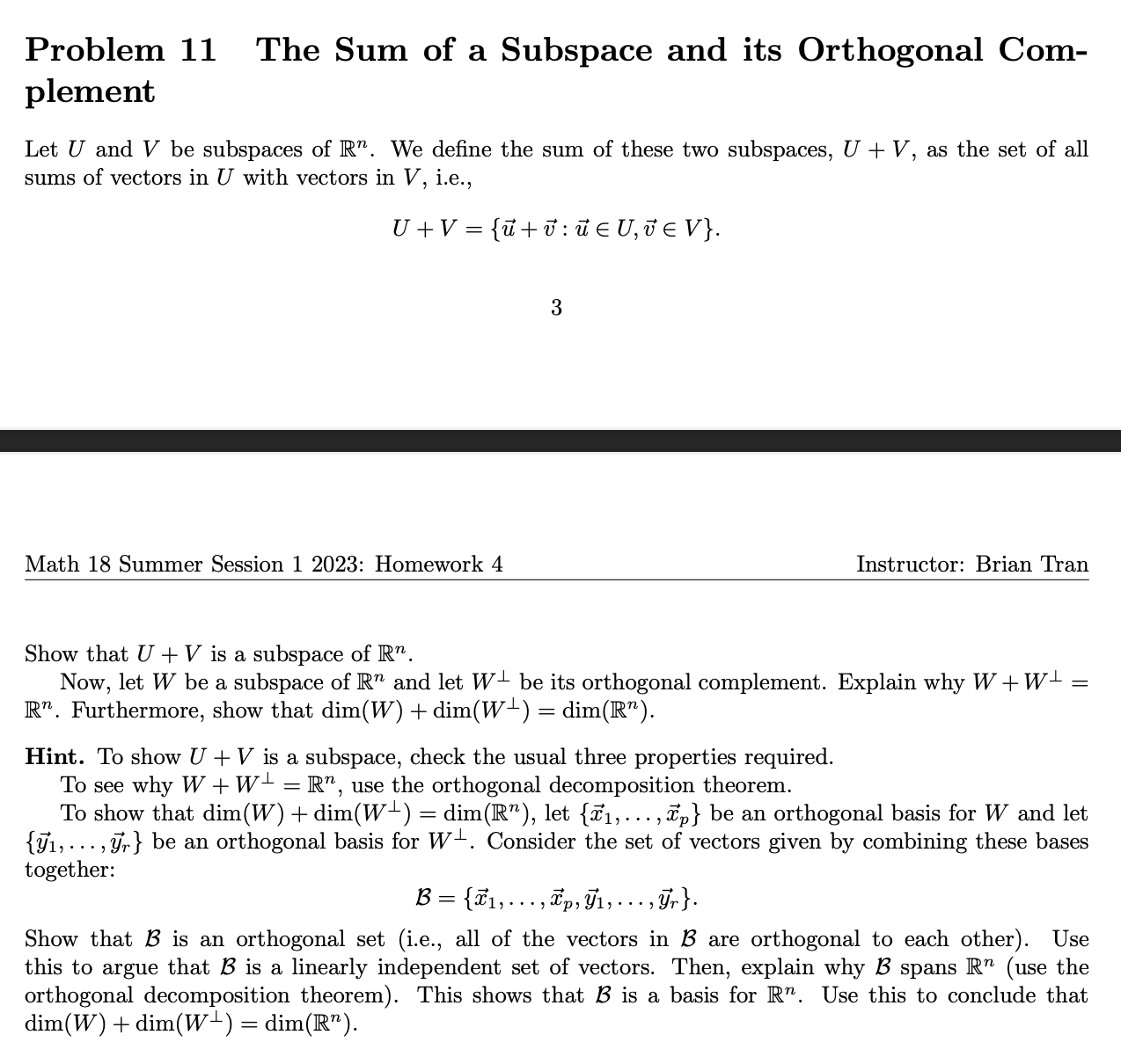 Solved Problem 11 The Sum of a Subspace and its Orthogonal | Chegg.com