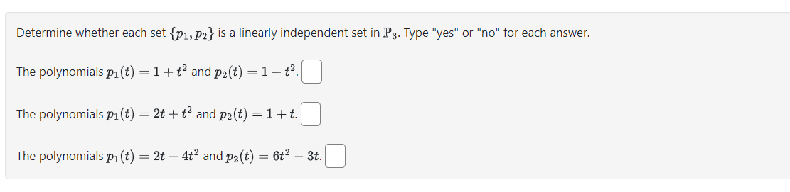 Solved Determine whether each set {p1,p2} ﻿is a linearly | Chegg.com