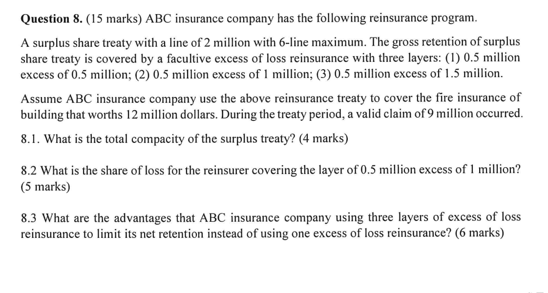 Question 8. (15 marks) ABC insurance company has the | Chegg.com