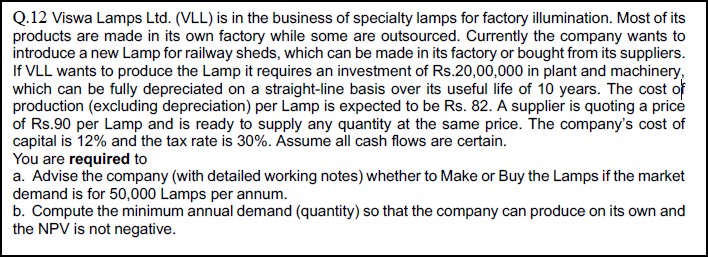 Solved Q. 12 ﻿Viswa Lamps Ltd. (VLL) ﻿is in the business of | Chegg.com