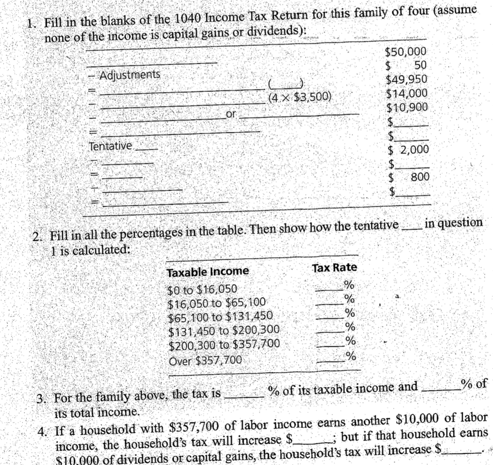 Solved 1. Fill in the blanks of the 1040 Income Tax Return | Chegg.com
