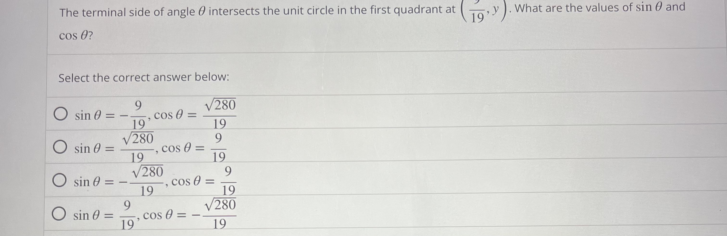 Solved The terminal side of angle θ intersects the unit | Chegg.com