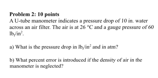 Solved A U-tube manometer indicates a pressure drop of 10 | Chegg.com
