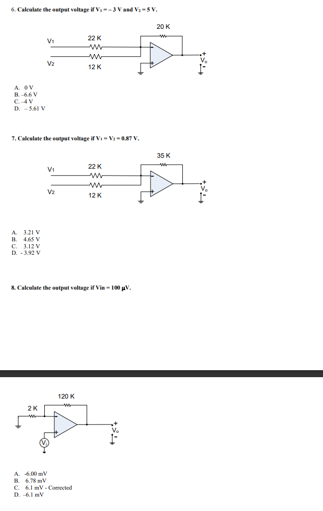 Solved 6. Calculate the output voltage if V₁--3 V and V₂-5 | Chegg.com
