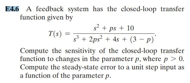 Solved E4.6 A feedback system has the closed-loop transfer | Chegg.com