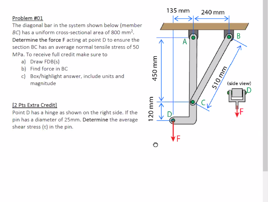 Solved 135 mm 240 mm Problem #01 The diagonal bar in the | Chegg.com