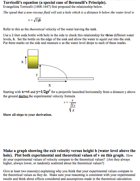 Solved Torricelli's equation (a special case of Bernoulli's | Chegg.com
