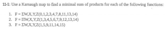 Solved 11-1: Use a Karnaugh map to find a minimal sum of | Chegg.com