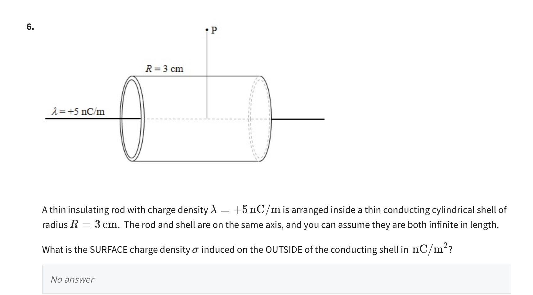 Solved A thin insulating rod with charge density λ=+5nC/m is | Chegg.com