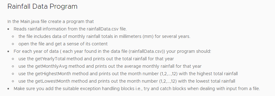 Solved Rainfall Data Program . In the Main.java file create | Chegg.com
