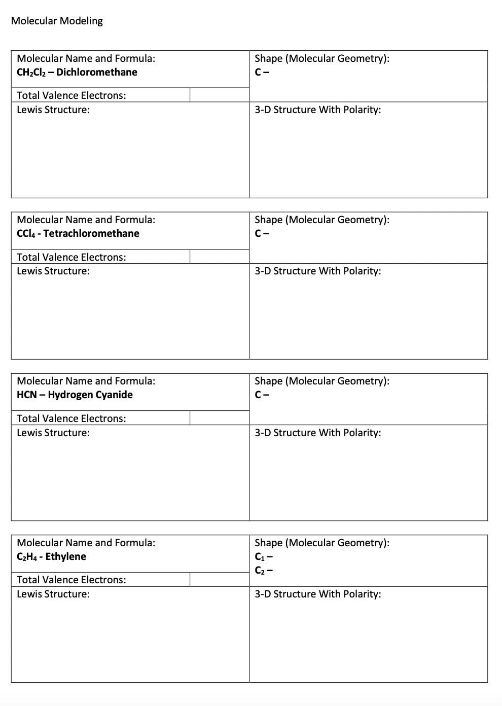 Solved Molecular Modeling The following worksheet is | Chegg.com