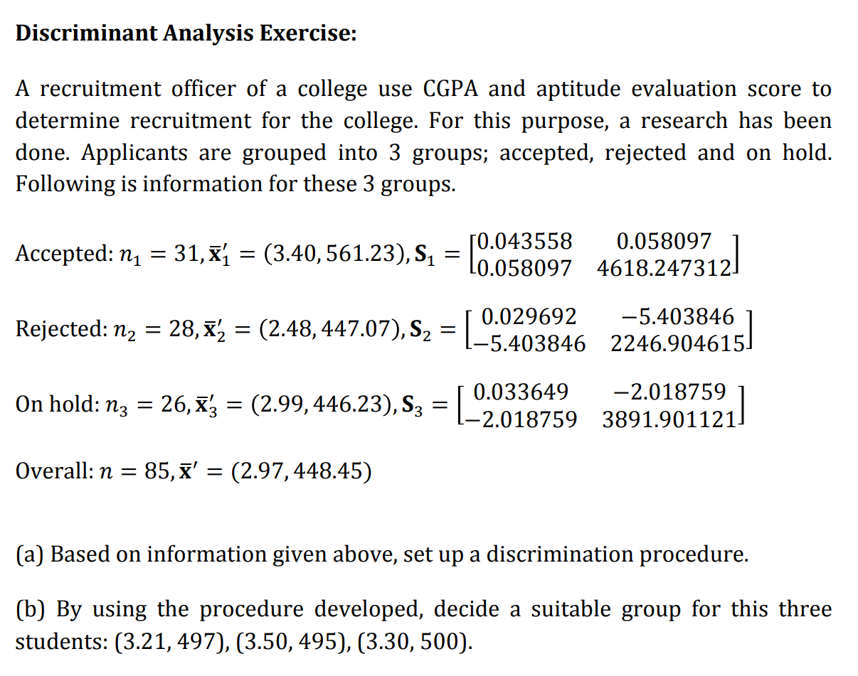 Solved Discriminant Analysis Exercise:A recruitment officer | Chegg.com