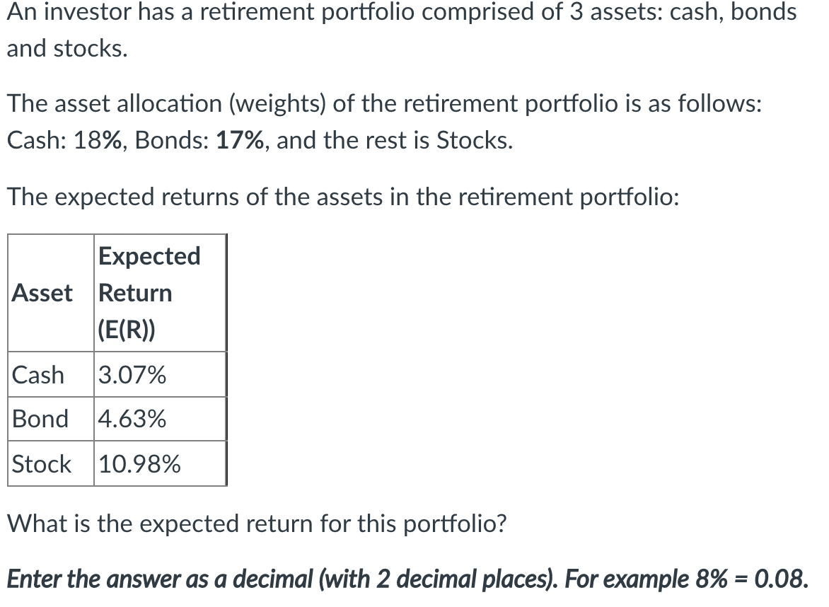 Solved An investor has a retirement portfolio comprised of 3 | Chegg.com