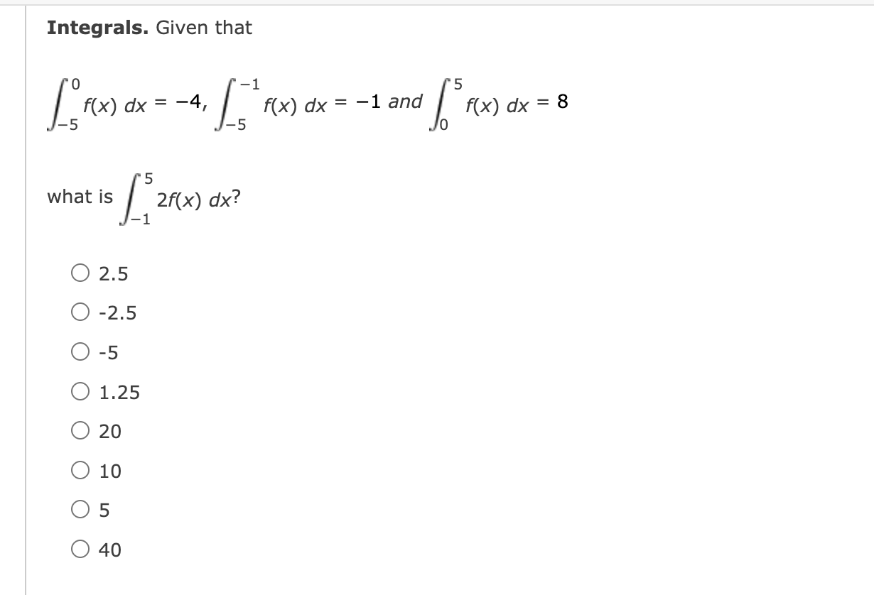 Solved Integrals. Given that ∫−50f(x)dx=−4,∫−5−1f(x)dx=−1 | Chegg.com