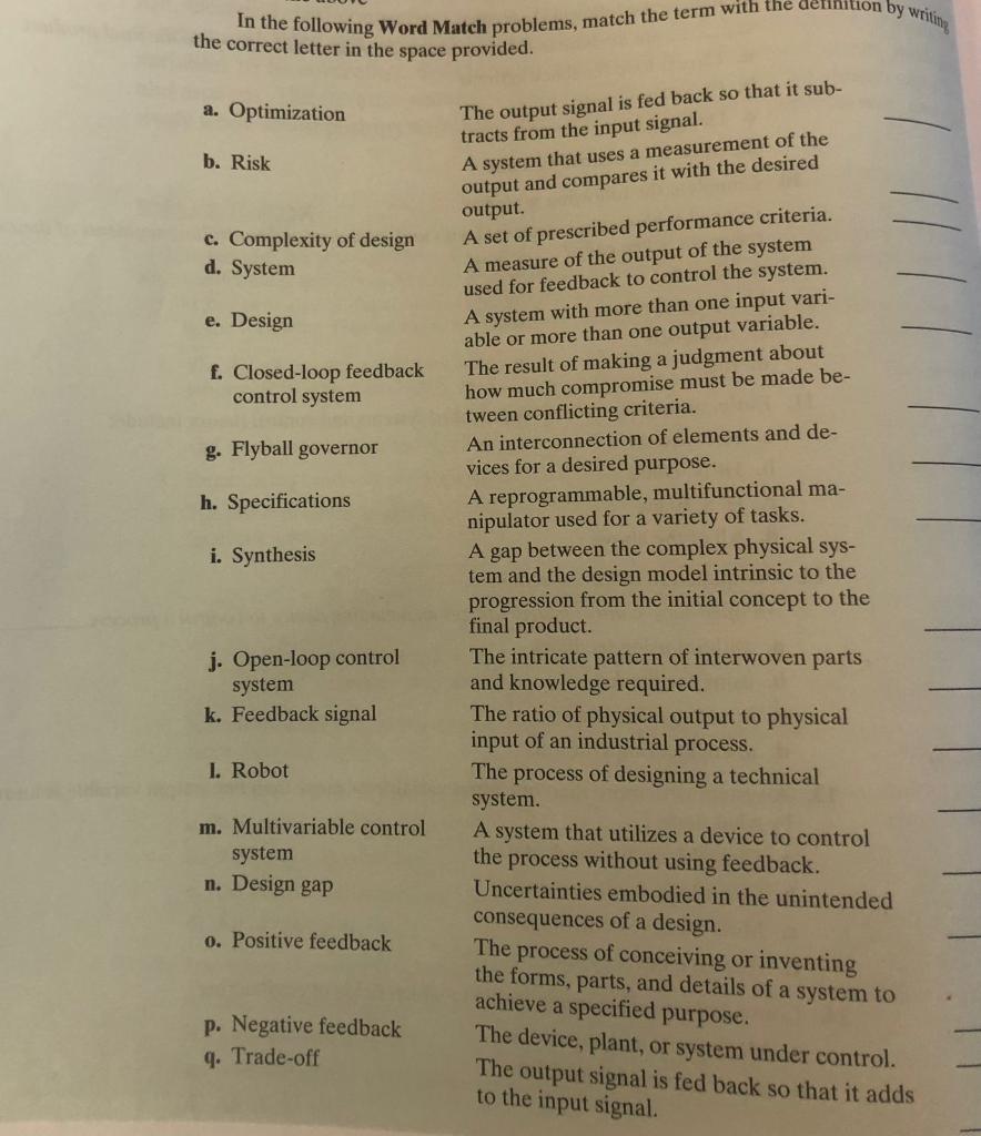 Solved In the following Word Match problems, match the term | Chegg.com