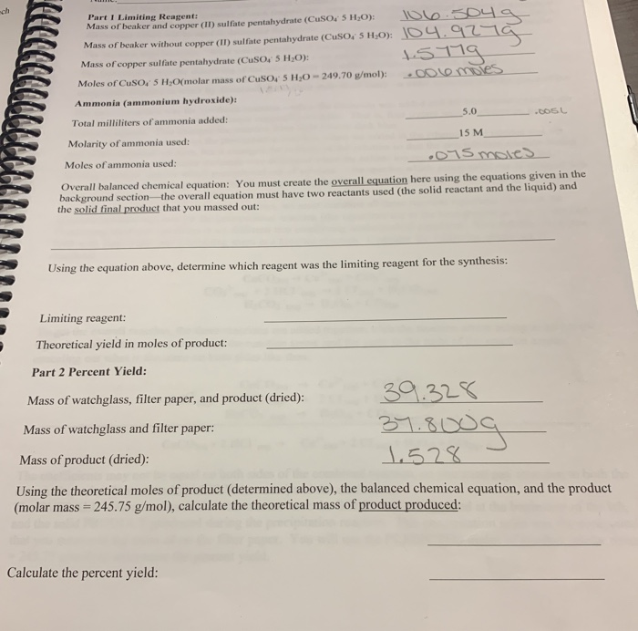 Solved ch Part I Limiting Reagent: SD SO4 Mass of beaker and | Chegg.com