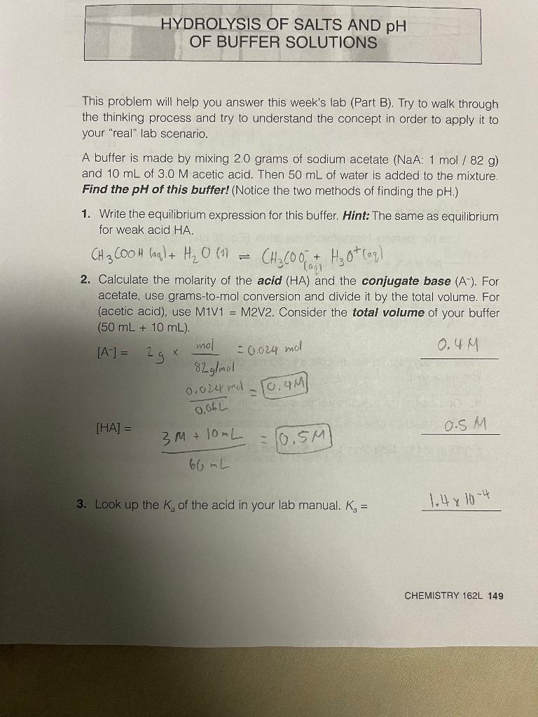 Solved HYDROLYSIS OF SALTS AND PH OF BUFFER SOLUTIONS This | Chegg.com