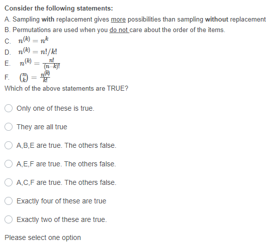 Solved Consider the following statements: A. Sampling with | Chegg.com