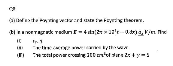 Solved Q8. (a) Define the Poynting vector and state the | Chegg.com