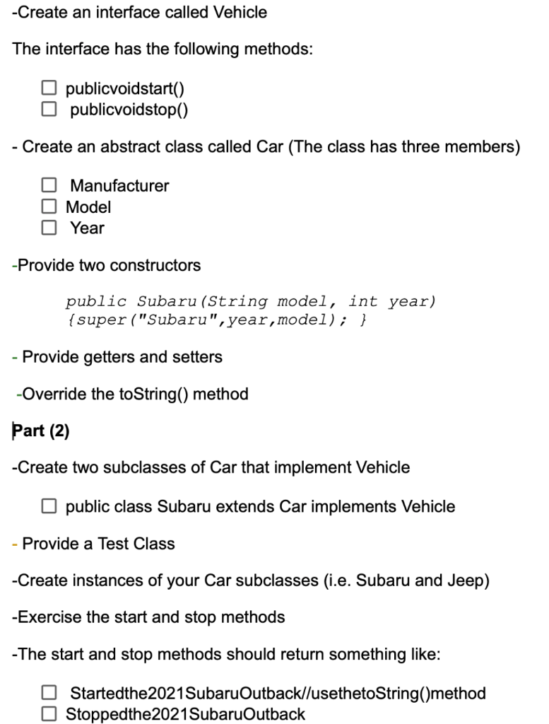 Solved -Create an interface called Vehicle The interface has | Chegg.com