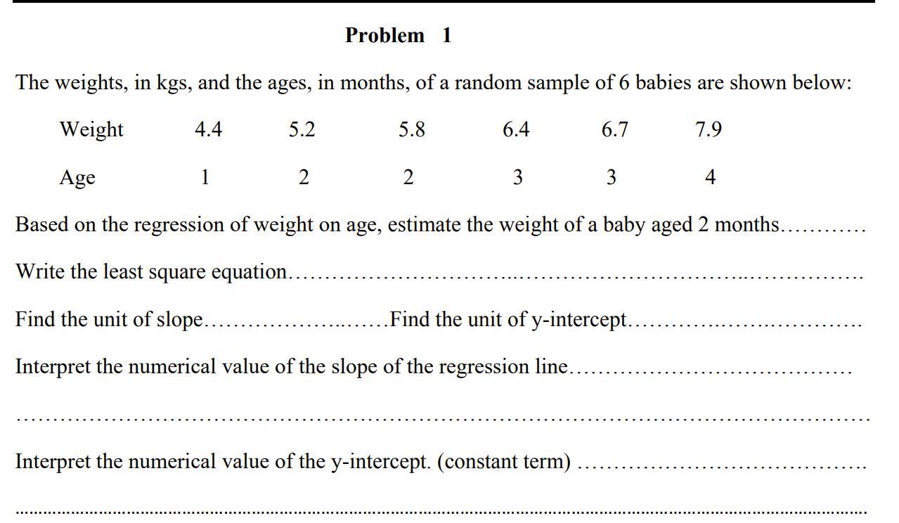 Solved The weights, in kgs, and the ages, in months, of a | Chegg.com