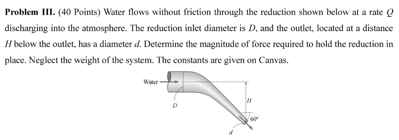 Solved Problem III. (40 Points) Water flows without friction | Chegg.com
