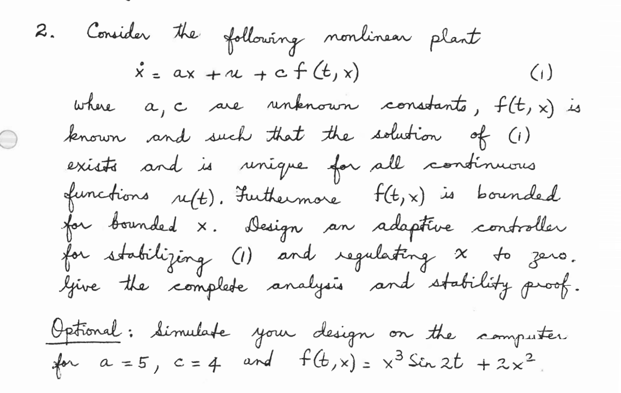 Solved 2. Consider the following nonlinear plant | Chegg.com