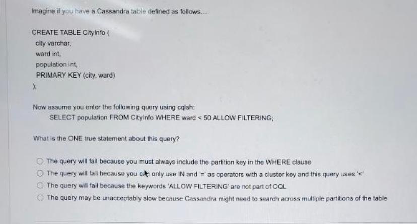Solved Imagine if you have a Cassandra table defined as | Chegg.com
