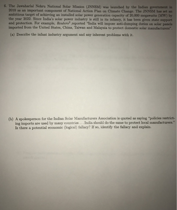 Solved 6. The Jawaharlal Nehru National Solar Mission JNNSM) | Chegg.com