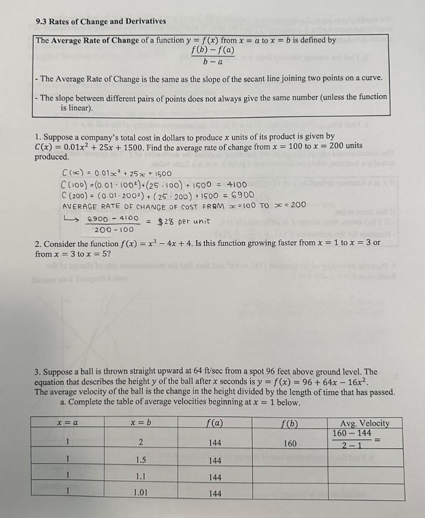 Solved 9.3 Rates of Change and Derivatives The Average Rate | Chegg.com