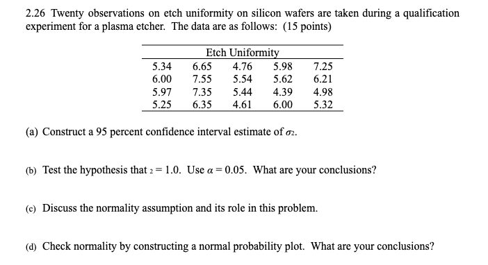 Solved 2.26 Twenty observations on etch uniformity on | Chegg.com