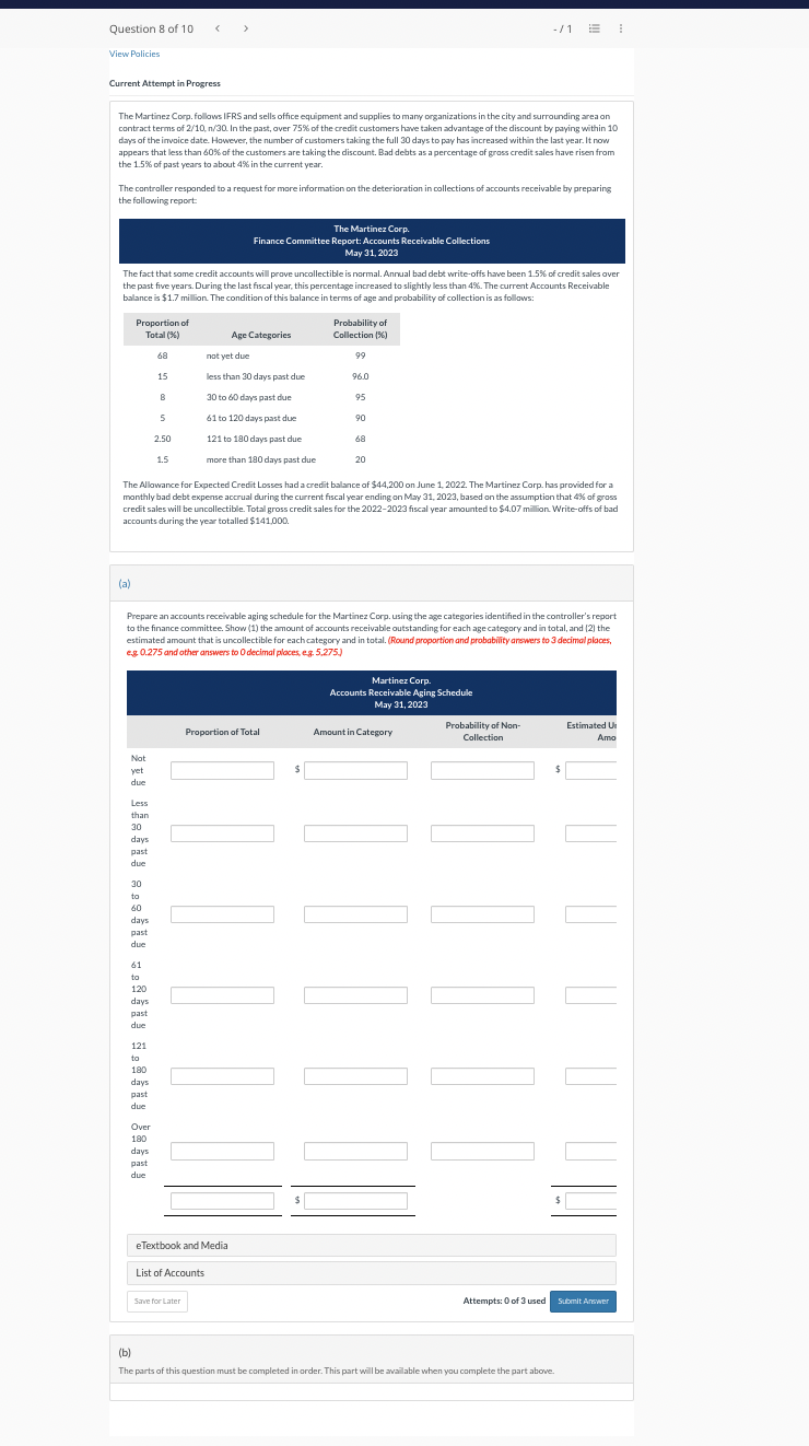 Question 8 of 10 −/1: View Policies Current Attempt | Chegg.com