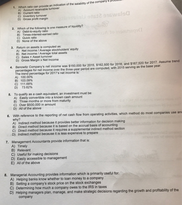Solved Which ratio e an indication of the salability of | Chegg.com