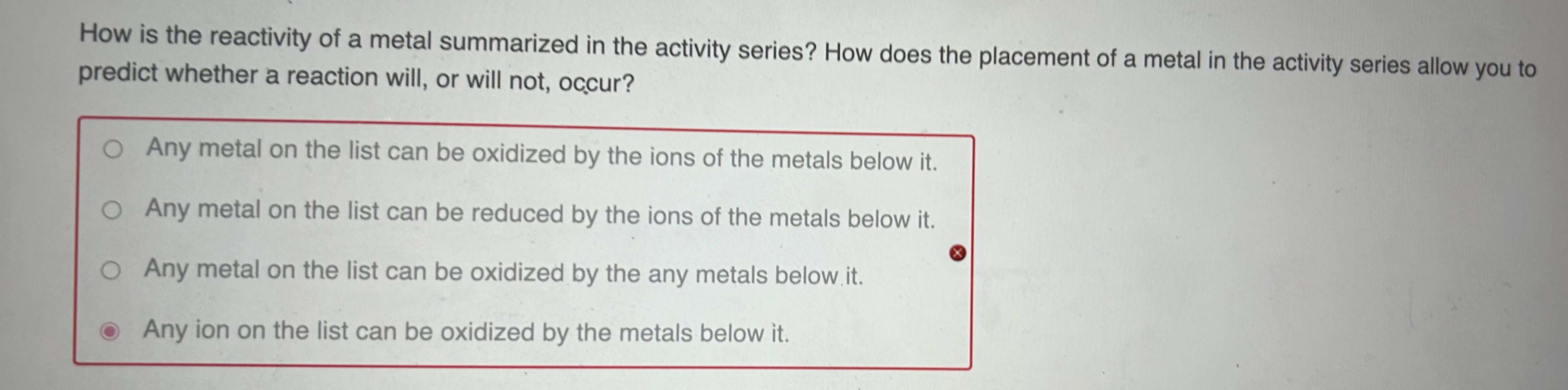 Solved How is the reactivity of a metal summarized in the | Chegg.com