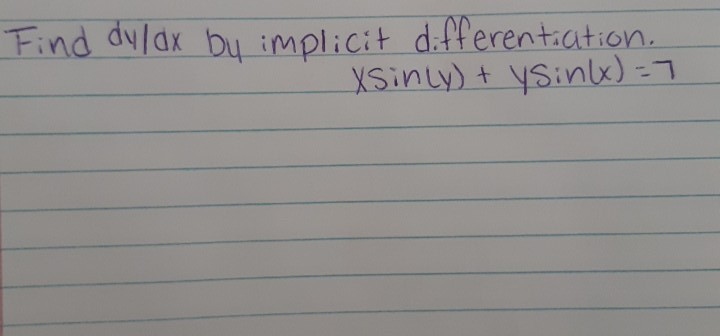Solved Find dylax by implicit differentiation. sinly) + | Chegg.com