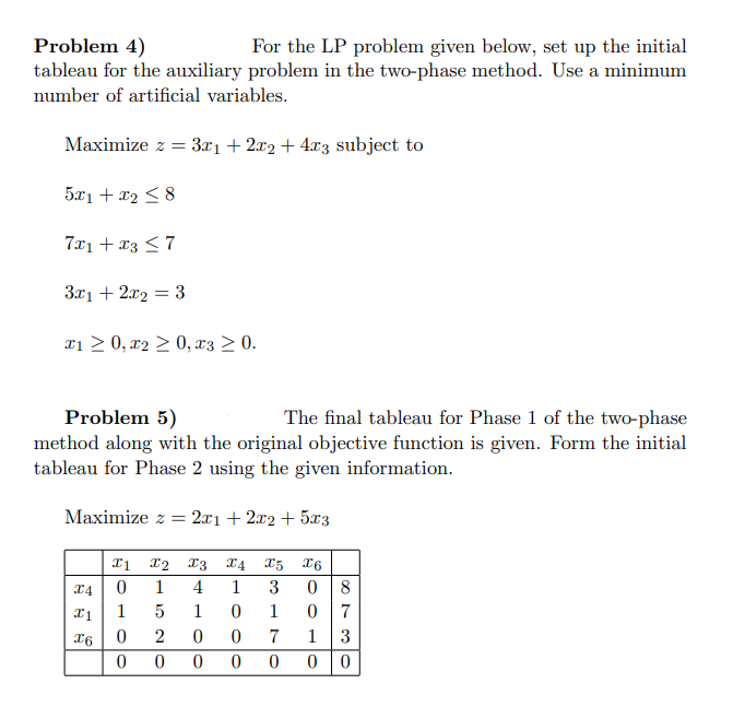 Solved Problem 4) For the LP problem given below, set up the | Chegg.com