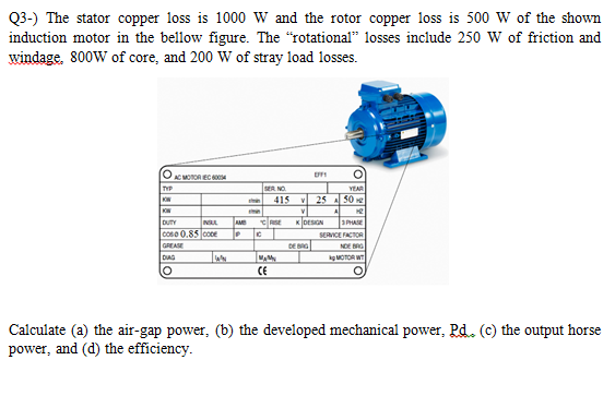 Solved Q3-) The stator copper loss is 1000 W and the rotor | Chegg.com