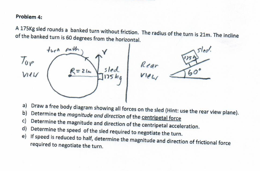Solved Problem 4: A 175kg sled rounds a banked turn without | Chegg.com