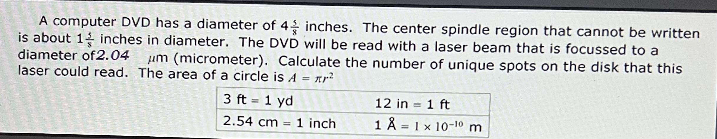 Solved A computer DVD has a diameter of 485 inches. The | Chegg.com
