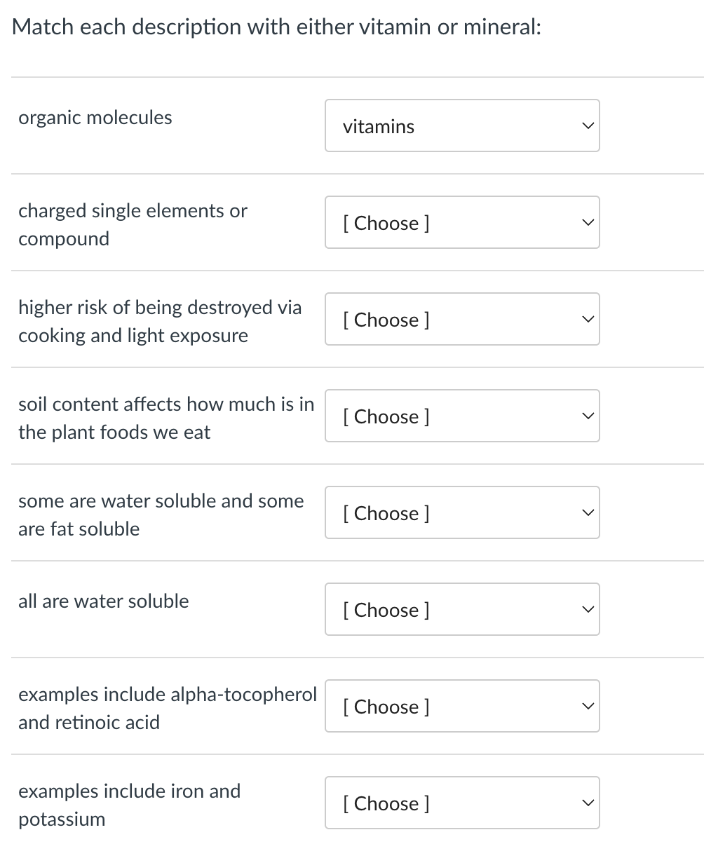 Solved Match each description with either vitamin or | Chegg.com