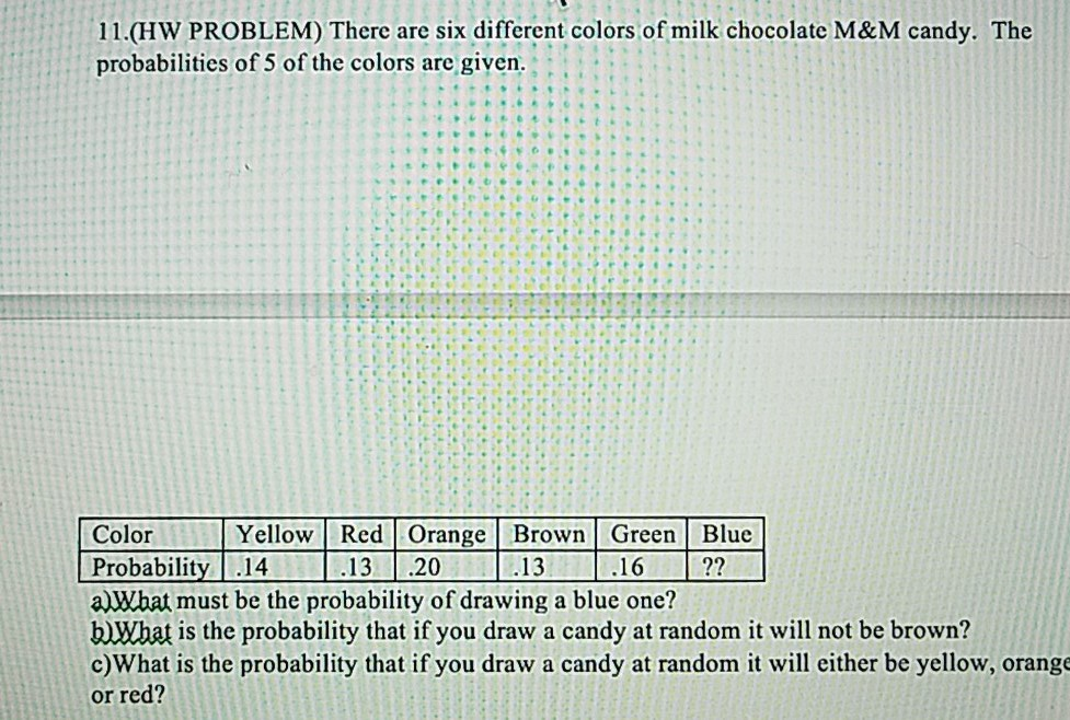 Solved 11.(HW PROBLEM) There are six different colors of | Chegg.com